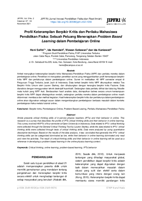 (PDF) Profil Keterampilan Berpikir Kritis dan Perilaku Mahasiswa Pendidikan Fisika