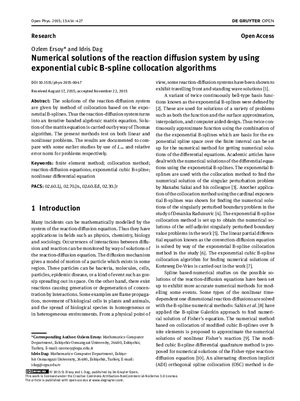 Pdf Numerical Solutions Of The Reaction Diffusion System By Using Exponential Cubic B Spline