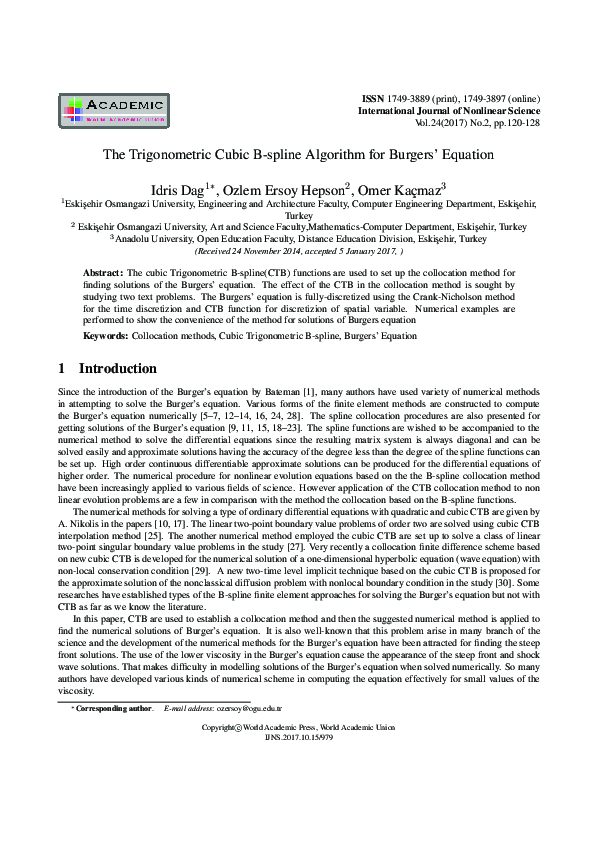 Pdf The Trigonometric Cubic B Spline Algorithm For Burgers Equation