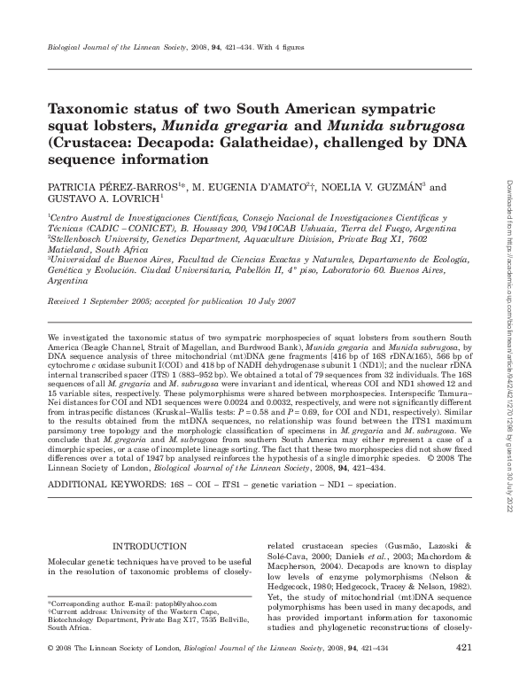 (PDF) Taxonomic status of two South American sympatric squat lobsters ...