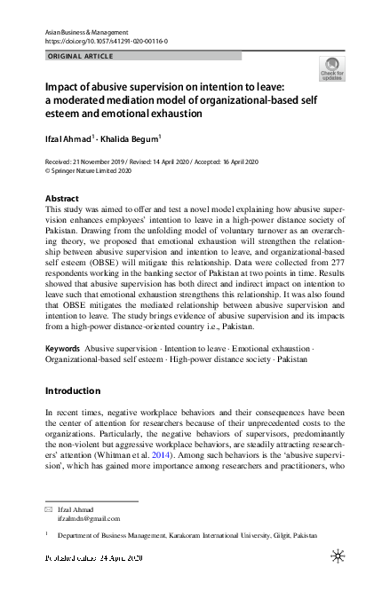 (PDF) Impact of abusive supervision on intention to leave: a moderated mediation model of ...