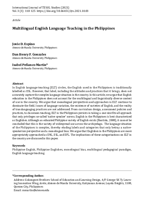 (PDF) Multilingual English Language Teaching in the Philippines (Espino ...