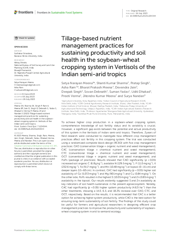 (PDF) Tillage-based nutrient management practices for sustaining productivity and soil health in ...