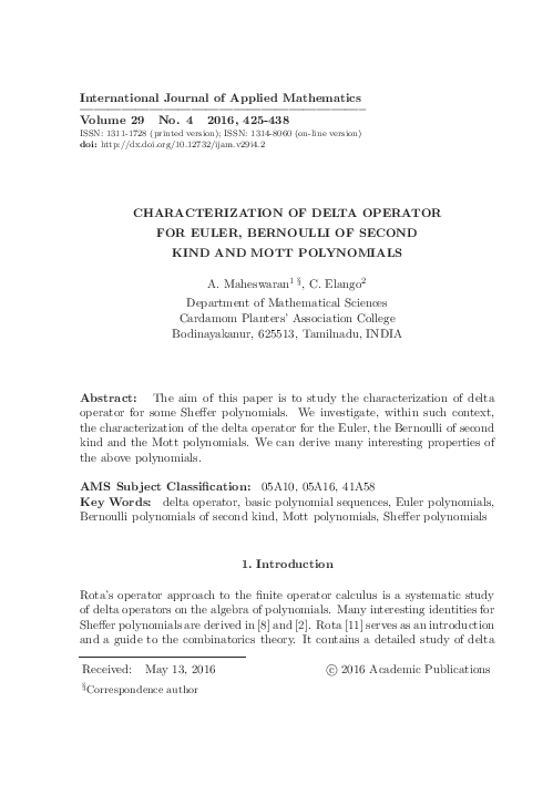 (PDF) Characterization of Delta Operator for Euler, Bernoulli of Second ...