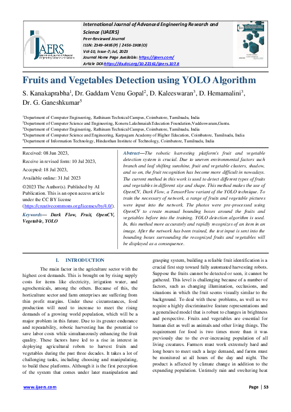 (PDF) Fruits and Vegetables Detection using YOLO Algorithm