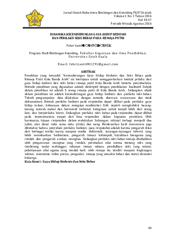 (PDF) Dinamika Kecenderungan Gaya Hidup Hedonis Dan Perilaku Seks Bebas Pada Remaja Putri