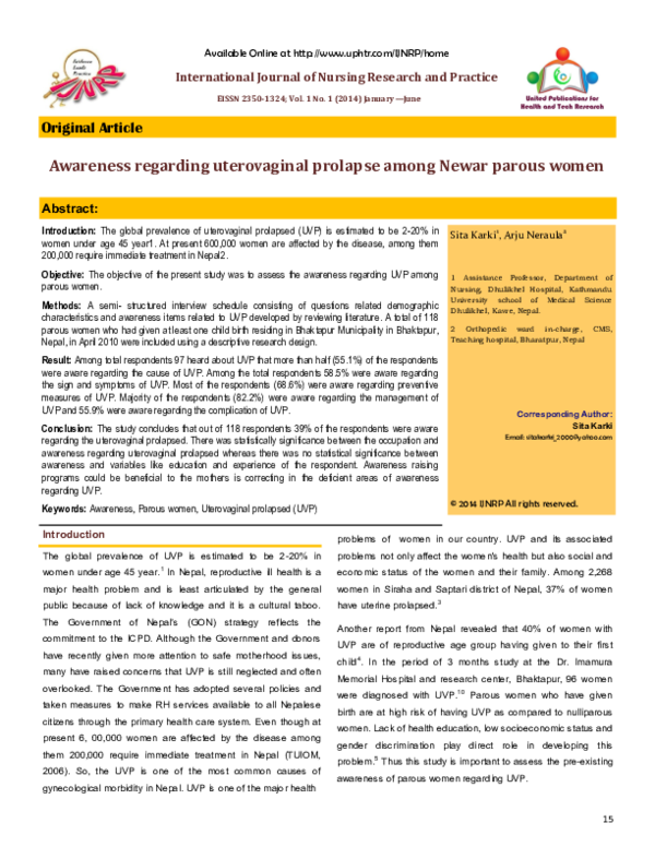 (PDF) Awareness Regarding Uterovaginal Prolapse among Newar Parous Women