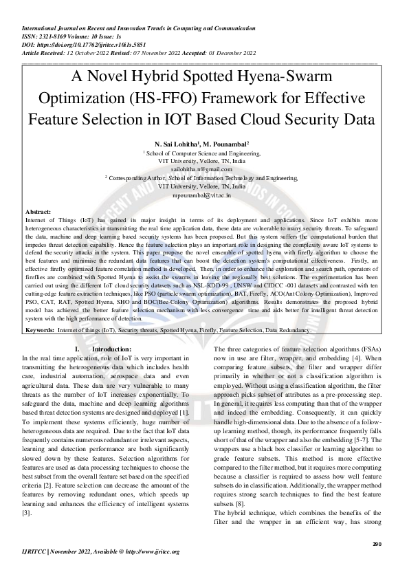 (PDF) A Novel Hybrid Spotted Hyena-Swarm Optimization (HS-FFO) Framework for Effective Feature ...
