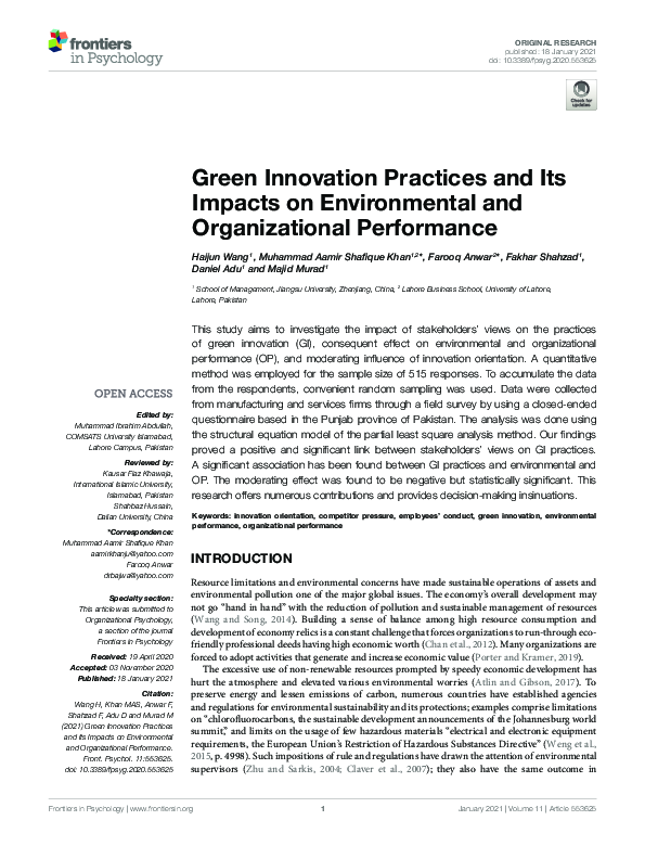 (PDF) Green Innovation Practices and Its Impacts on Environmental and Organizational Performance