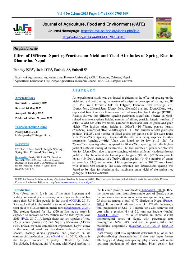 Pdf Effect Of Different Spacing Practices On Yield And Yield Attributes Of Spring Rice In