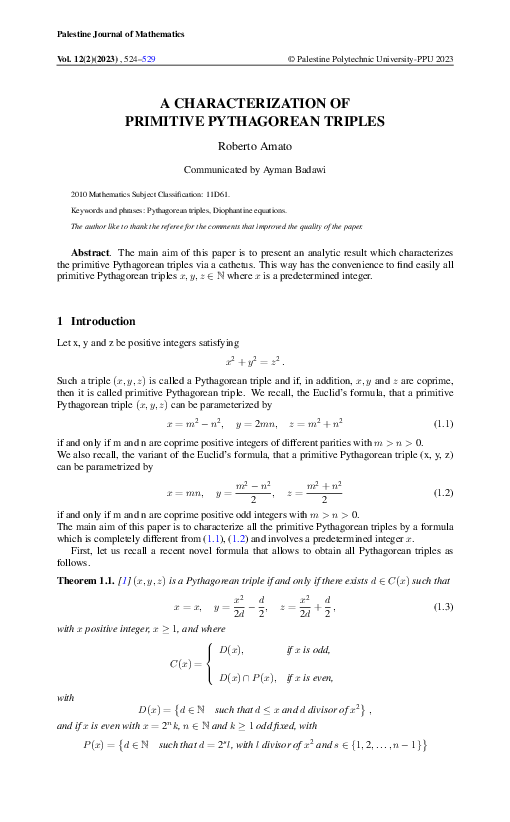 (PDF) A CHARACTERIZATION OF PRIMITIVE PYTHAGOREAN TRIPLES