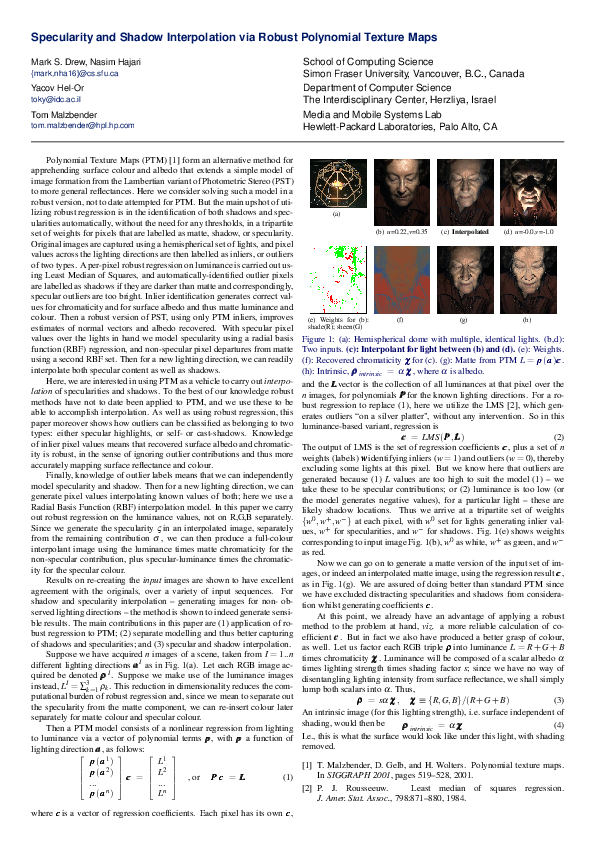 (PDF) Specularity and Shadow Interpolation via Robust Polynomial Texture Maps | Tom Malzbender ...