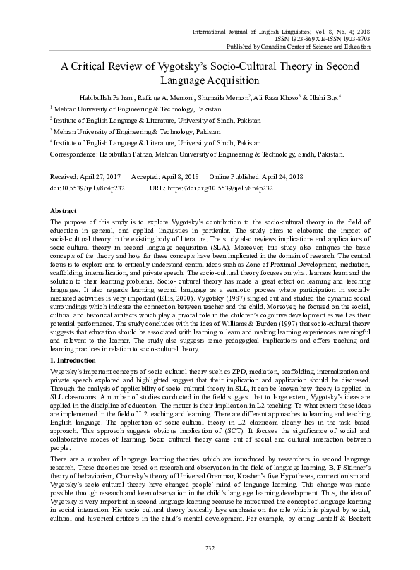 (PDF) A Critical Review of Vygotsky's Socio-Cultural Theory in Second Language Acquisition