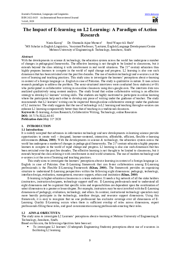 (PDF) The Impact of E-learning on L2 Learning: A Paradigm of Action Research