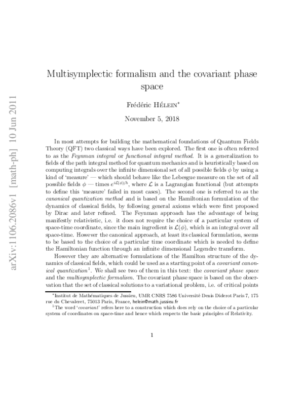 (PDF) Multisymplectic formalism and the covariant