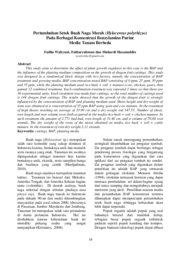 (PDF) Pertumbuhan Setek Buah Naga Merah (Hylocereus polyrhizus) Pada ...