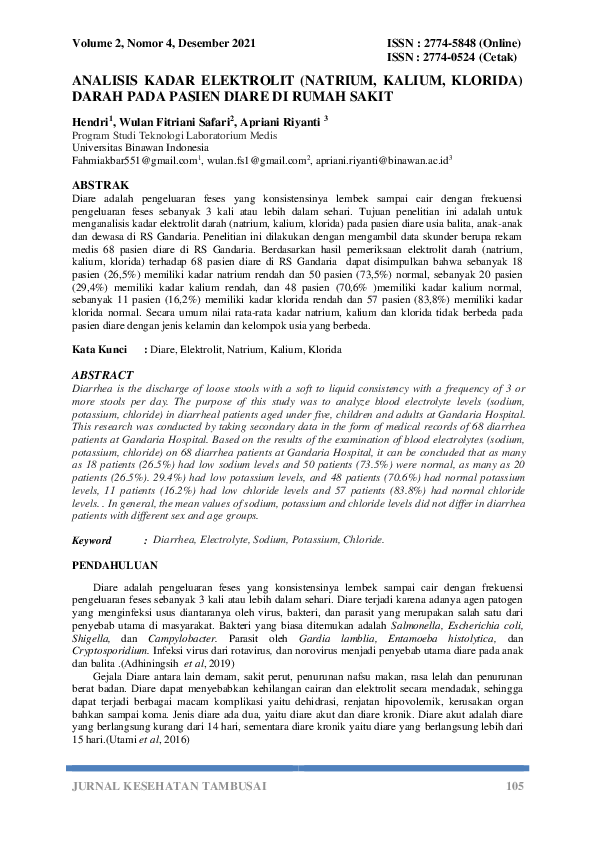 (PDF) Analisis Kadar Elektrolit (Natrium, Kalium, Klorida) Darah Pada Pasien Diare DI Rumah Sakit