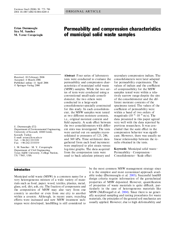 (PDF) Permeability and compression characteristics of municipal solid ...