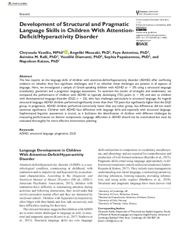 (PDF) Development of Structural and Pragmatic Language Skills in Children With Attention-Deficit ...