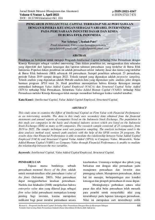 (PDF) Pengaruh Intellectual Capital Terhadap Nilai Perusahaan Dengan Kinerja Keuangan Sebagai ...