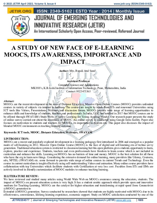 (PDF) A STUDY OF NEW FACE OF E-LEARNING MOOCS, ITS AWARENESS ...