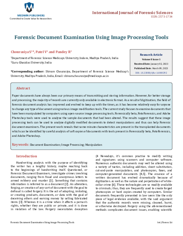 (PDF) Forensic Document Examination Using Image Processing Tools