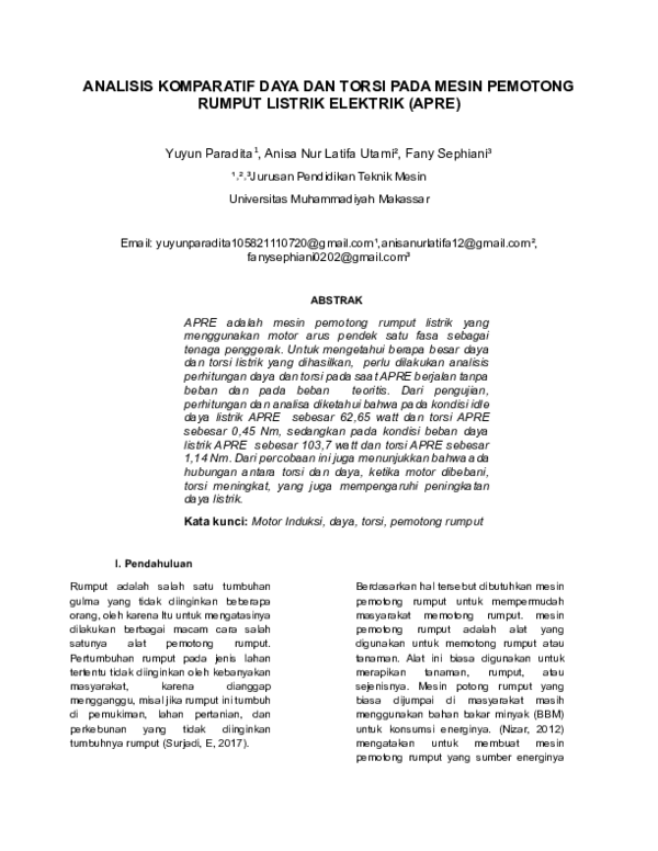 (PDF) ANALISIS KOMPARATIF DAYA DAN TORSI PADA MESIN PEMOTONG RUMPUT LISTRIK ELEKTRIK (APRE ...