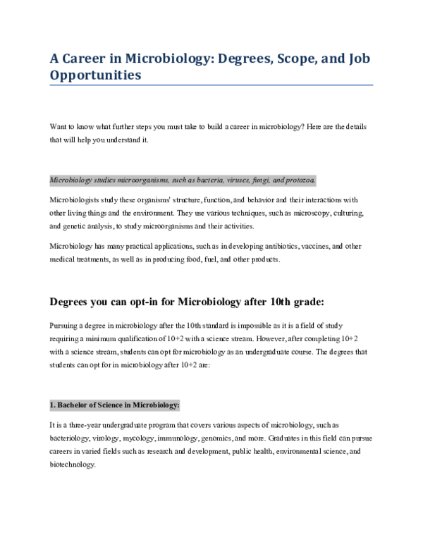 (DOC) A Career in Microbiology: Degrees, Scope, and Job Opportunities