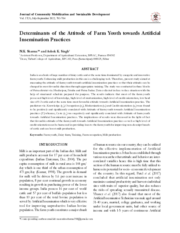 (PDF) Determinants of the Attitude of Farm Youth towards Artificial Insemination Practices