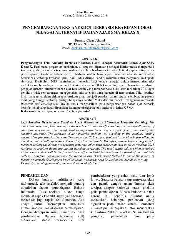 (PDF) Pengembangan Teks Anekdot Berbasis Kearifan Lokal Sebagai Alternatif Bahan Ajar Sma Kelas X