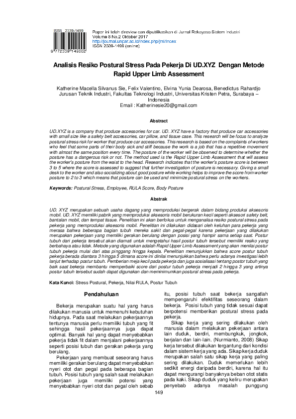 (PDF) Analisis Resiko Postural Stress Pada Pekerja Di UD.XYZ Dengan ...