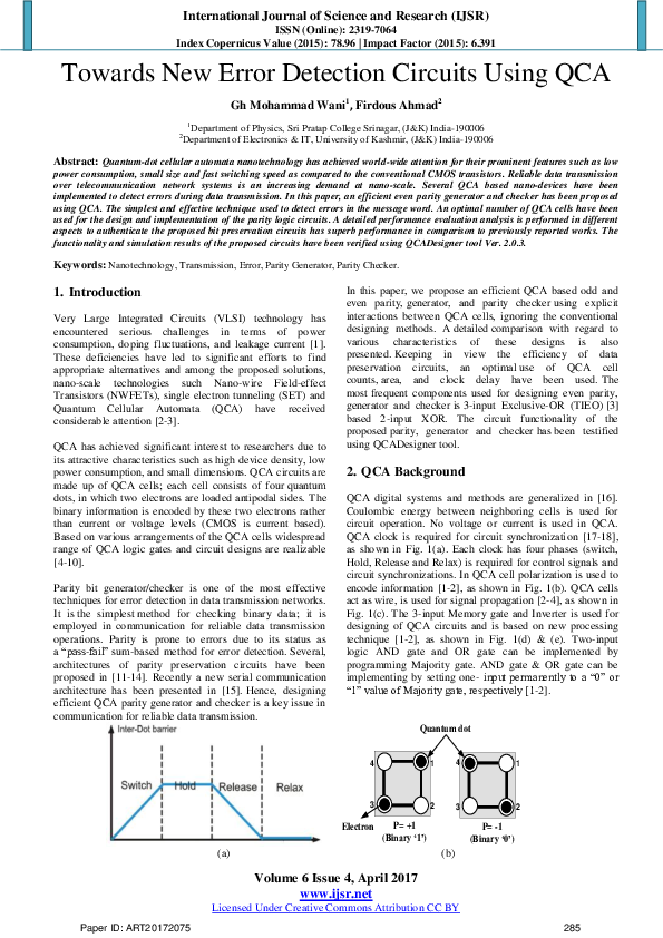 Pdf Towards New Error Detection Circuits Using Qca