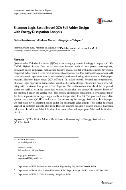 (PDF) Shannon Logic Based Novel QCA Full Adder Design with Energy Dissipation Analysis