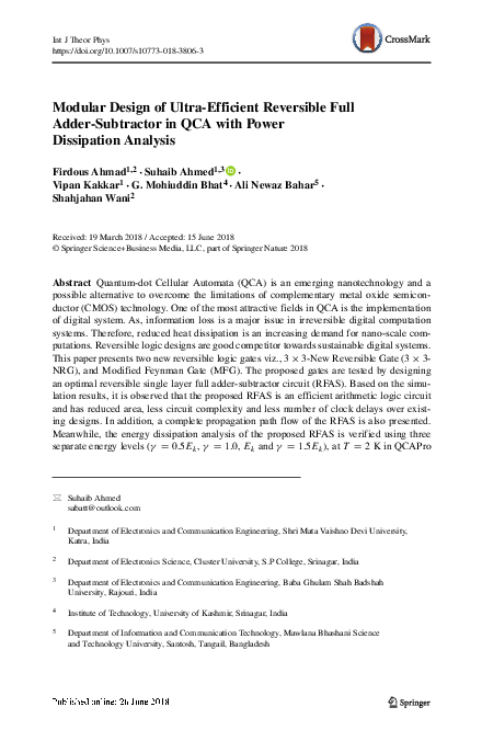 (PDF) Modular Design of Ultra-Efficient Reversible Full Adder-Subtractor in QCA with Power ...