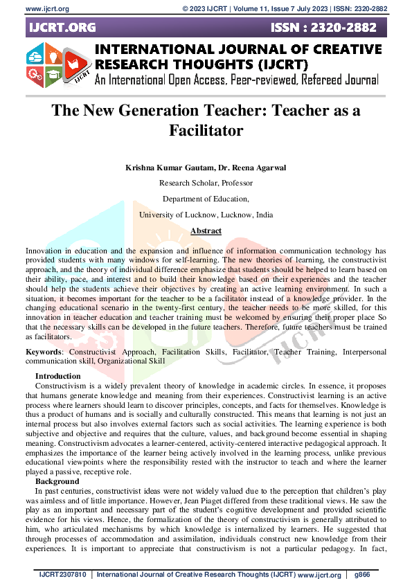 (PDF) The New Generation Teacher: Teacher as a Facilitator