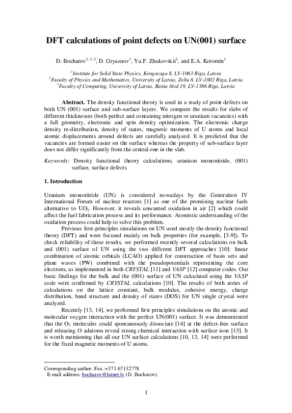 (PDF) DFT calculations of point defects on UN(001) surface