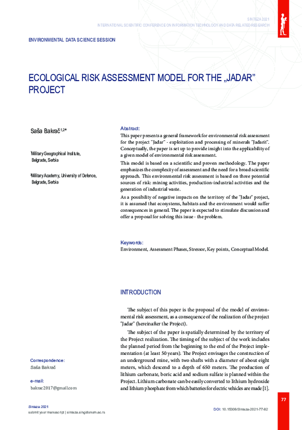 (PDF) Ecological Risk Assessment Model for the „Jadar” Project