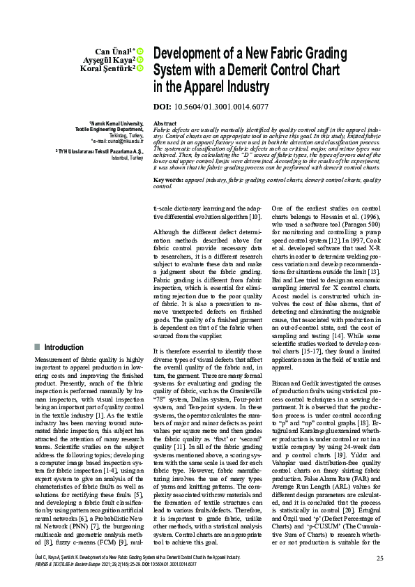 Pdf Development Of A New Fabric Grading System With A Demerit Control