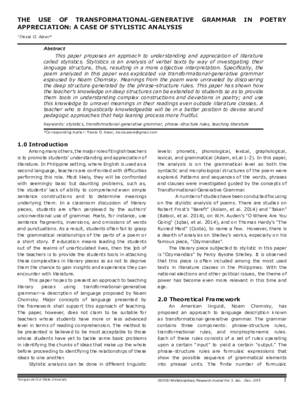 (PDF) The Use of Transformational-Generative Grammar in Poetry Appreciation: A Case of Stylistic ...