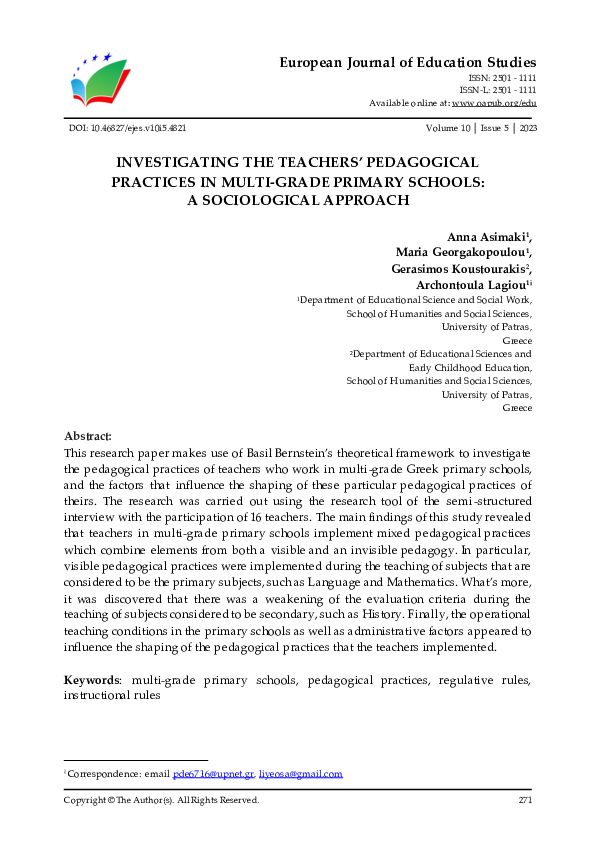 (PDF) Investigating the Teachers’ Pedagogical Practices in Multi-Grade Primary Schools: A ...