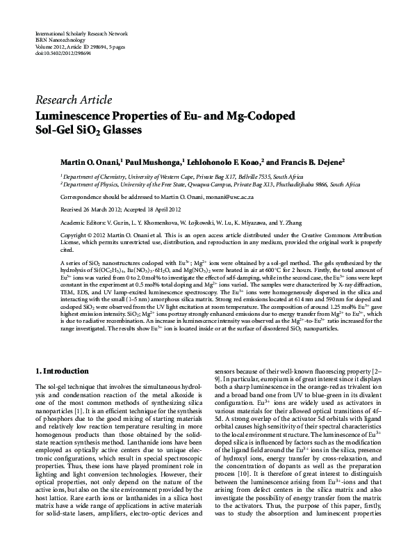 (PDF) Luminescence Properties of Eu- and Mg-Codoped Sol-Gel SiO2 Glasses