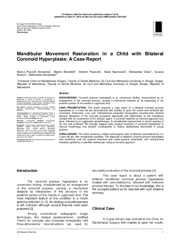 (PDF) Mandibular Movement Restoration in a Child with Bilateral ...