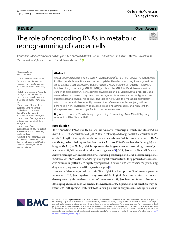 (PDF) The role of noncoding RNAs in metabolic reprogramming of cancer cells