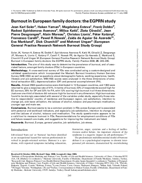 (PDF) Burnout in European family doctors: the EGPRN study | Jean Pierre ...