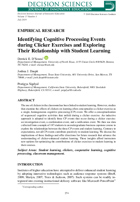 (PDF) Identifying Cognitive Processing Events during Clicker Exercises ...