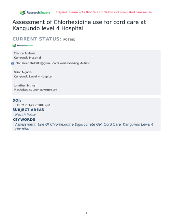 (PDF) Assessment of Chlorhexidine use for cord care at Kangundo level 4 ...
