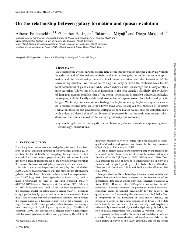 (PDF) On the relationship between galaxy formation and quasar evolution