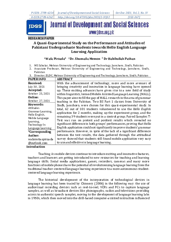 (PDF) A Quasi-Experimental Study on the Performance and Attitudes of Pakistani Undergraduate ...