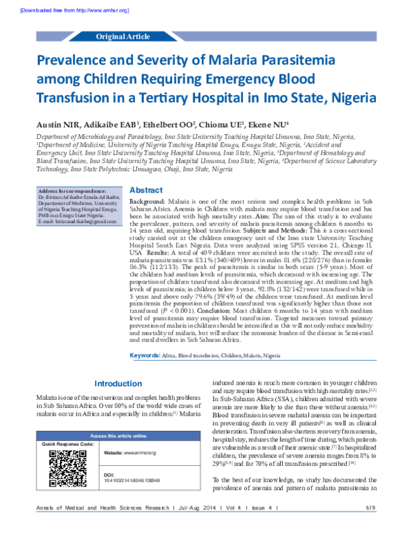 (PDF) Prevalence and Severity of Malaria Parasitemia among Children ...