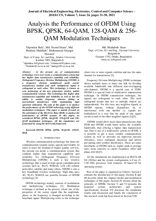 Pdf Analysis The Performance Of Ofdm Using Bpsk Qpsk 64 Qam 128
